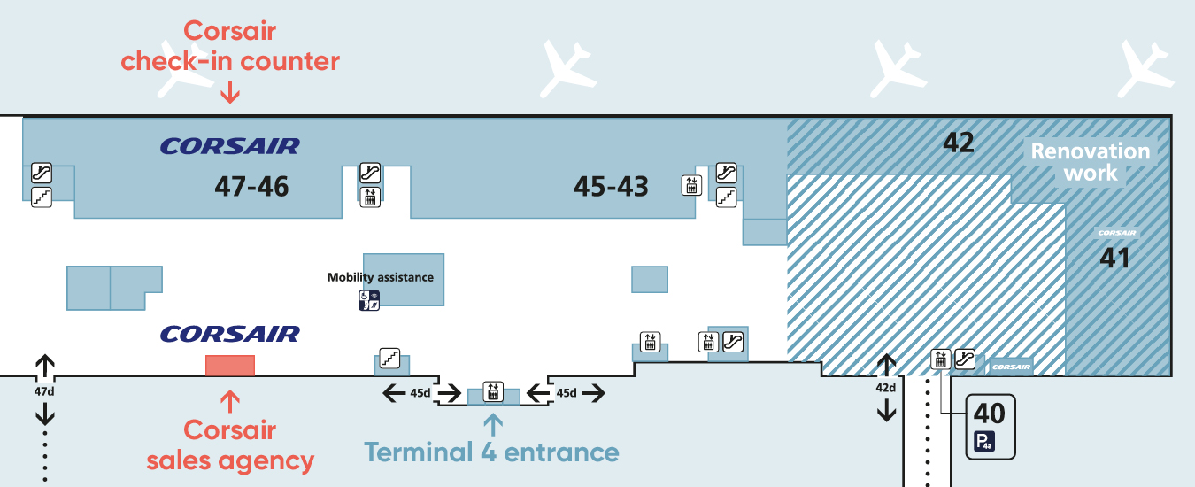 Where is the Corsair check-in counter located at Orly 4? | Corsair